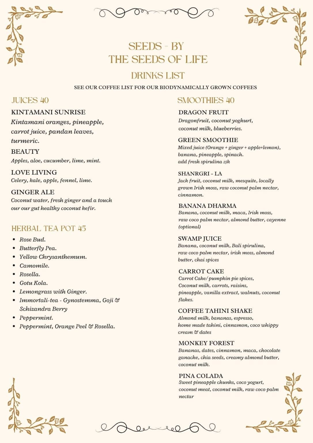 The Seeds Of Life Cafe Menu – The Seeds of Life Cafe – Raw Food Cafe in ...